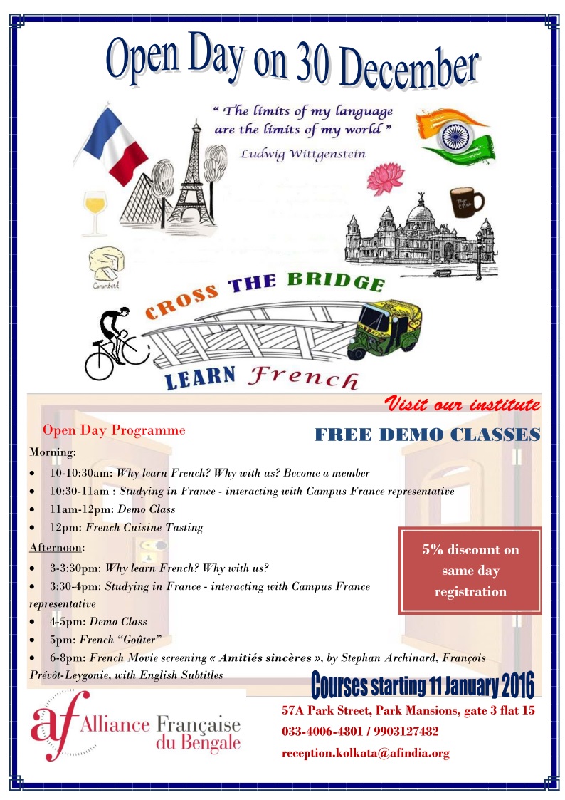 Open day poster 30 december 2015 – Alliance française du Bengale